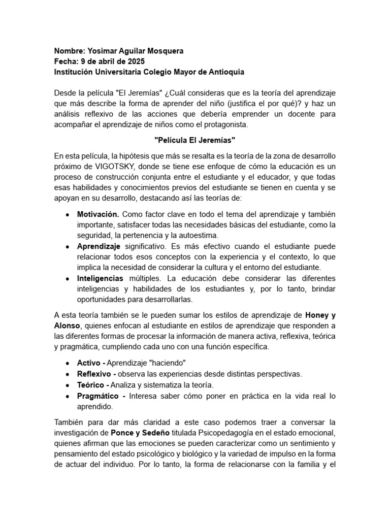 Ensayo Pelicula El Jeremías | PDF | Aprendizaje | Inteligencia