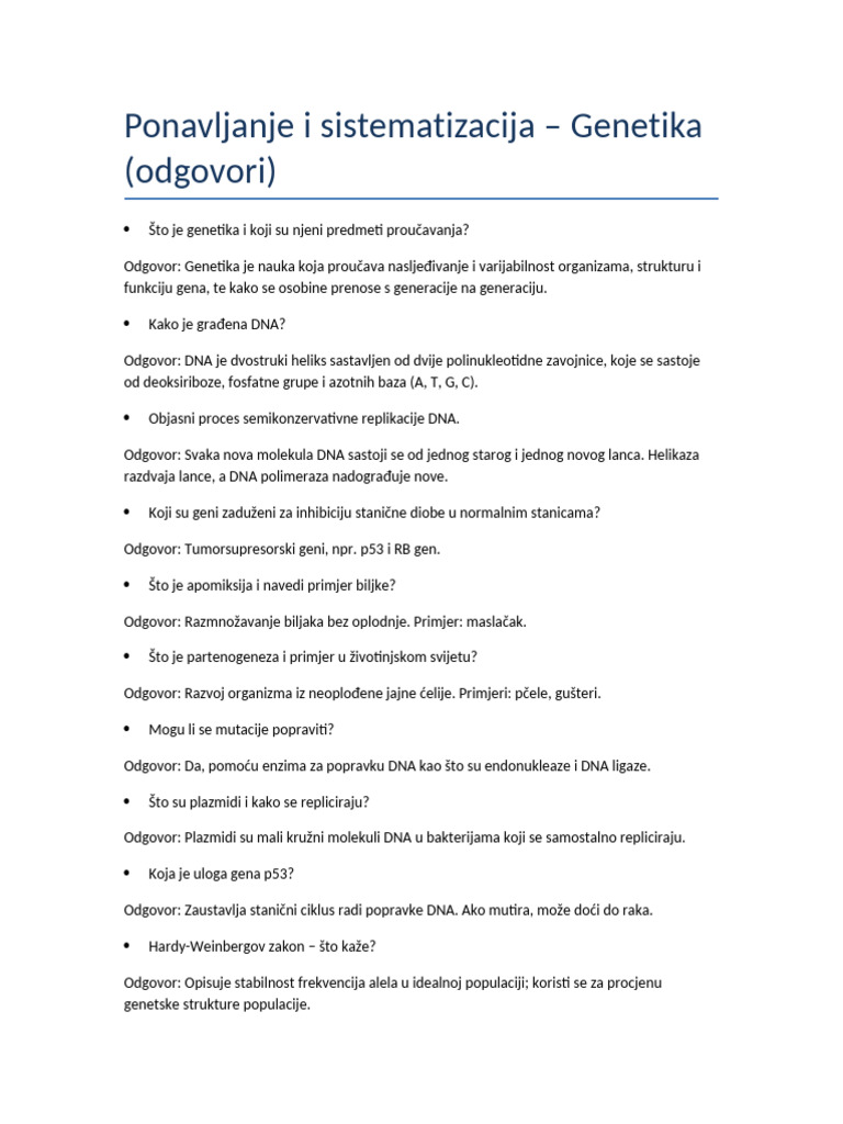 Ponavljanje Genetika Odgovori | PDF