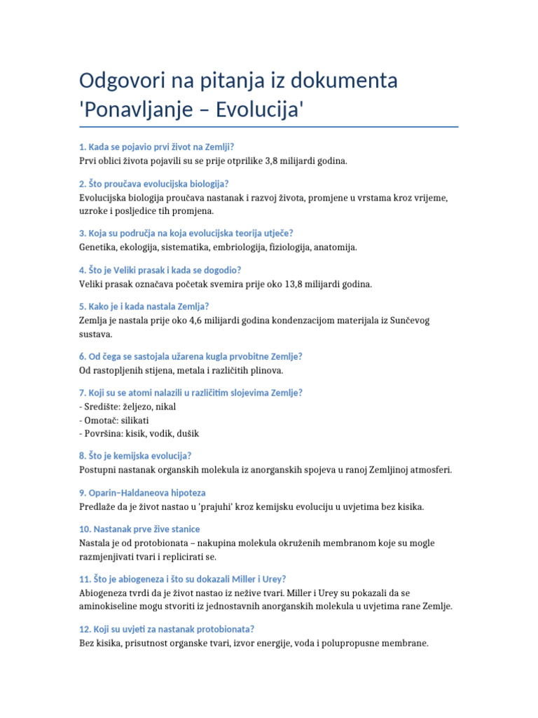 Odgovori Evolucija Kompletan | PDF