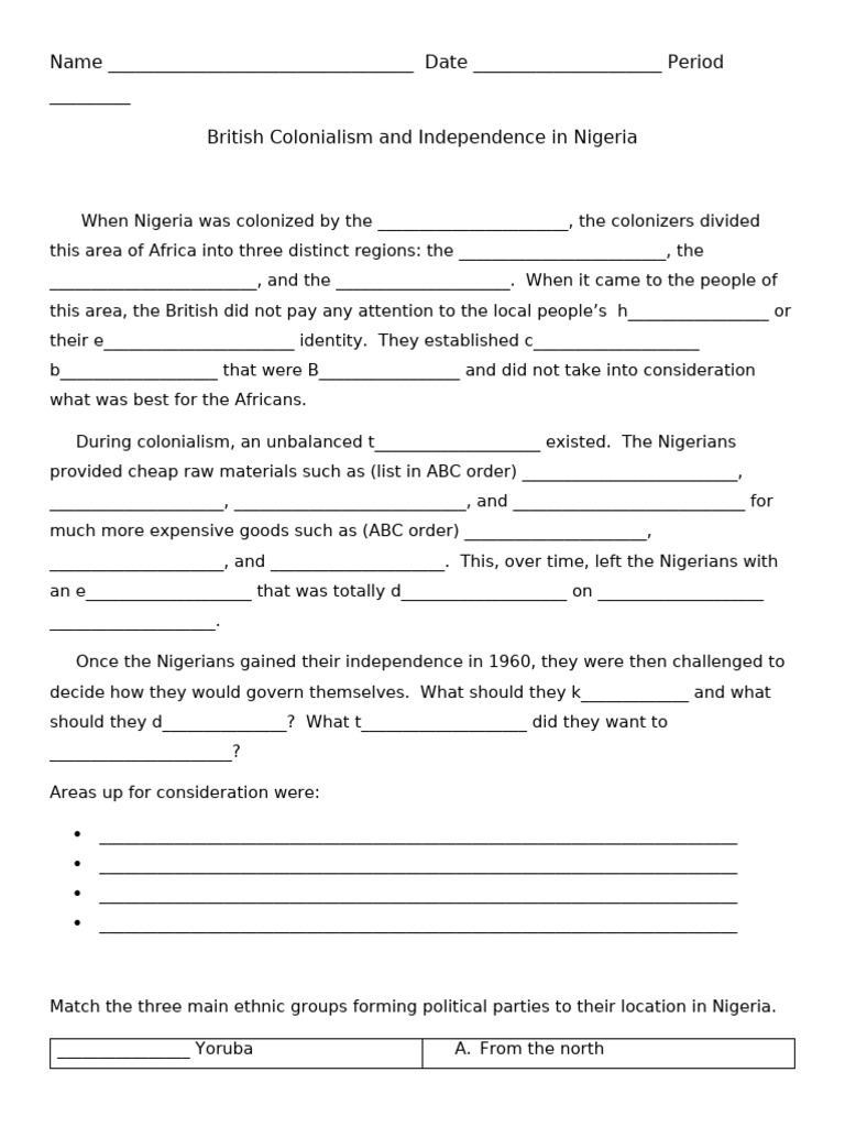 British Colonialism and Independence of Nigeria Cloze Activity | PDF ...