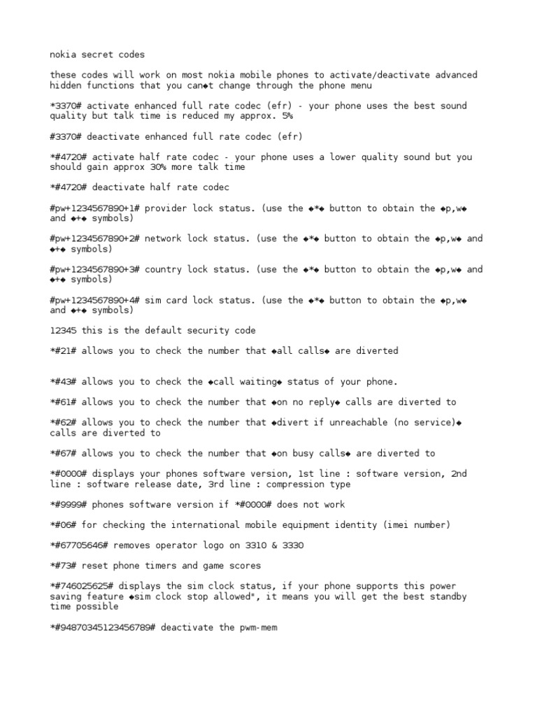 Nokia Mobile Secret Codes | PDF | Mobile Computers | Mobile Telecommunications