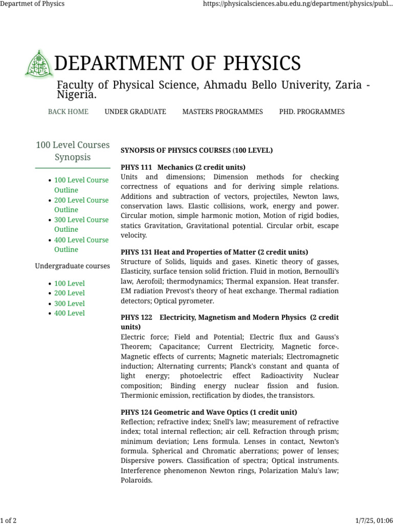 100 Level Physics Course Outlines | PDF | Physics | Electromagnetic ...