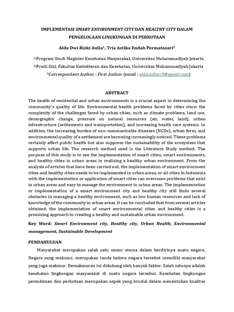 Implementasi smart environment city dan healthy city dalam pengelolaan lingkungan di perkotaan | PDF