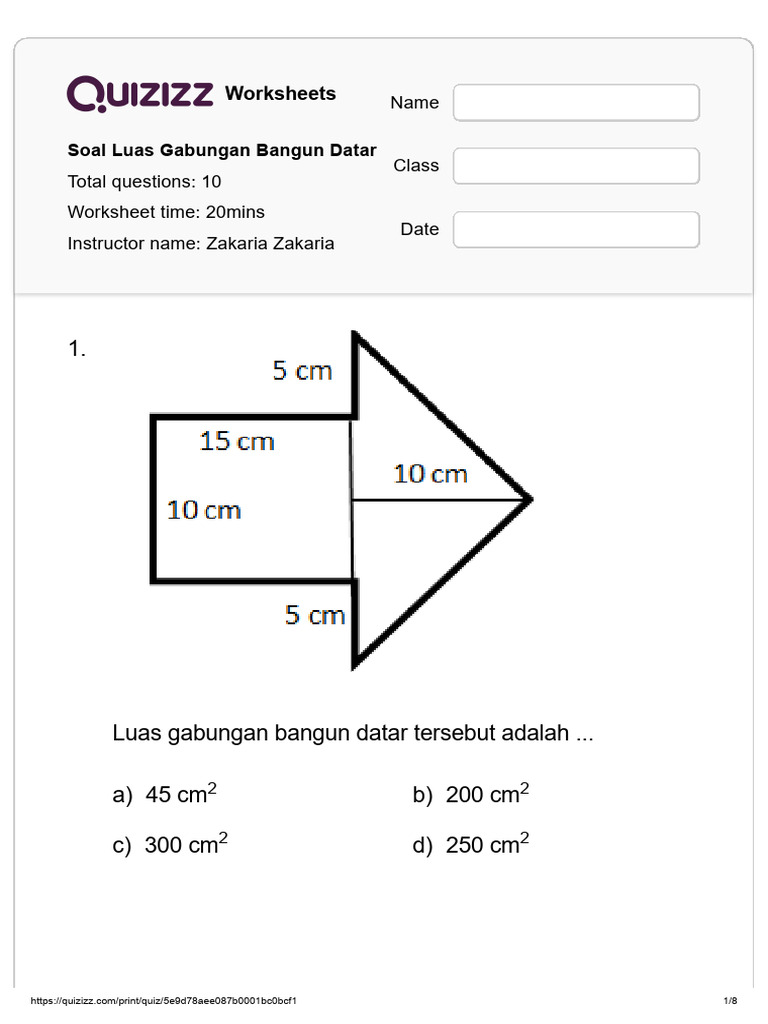 Soal Luas Gabungan Bangun Datar - Quizizz | PDF