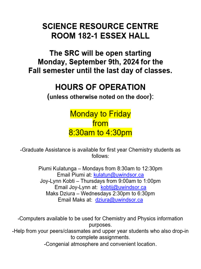 SRC_Hours of Operation_Fall 2024 | PDF
