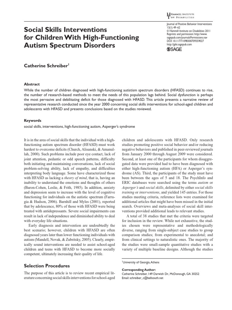 Social Skills Interventions | PDF | Autism | Asperger Syndrome