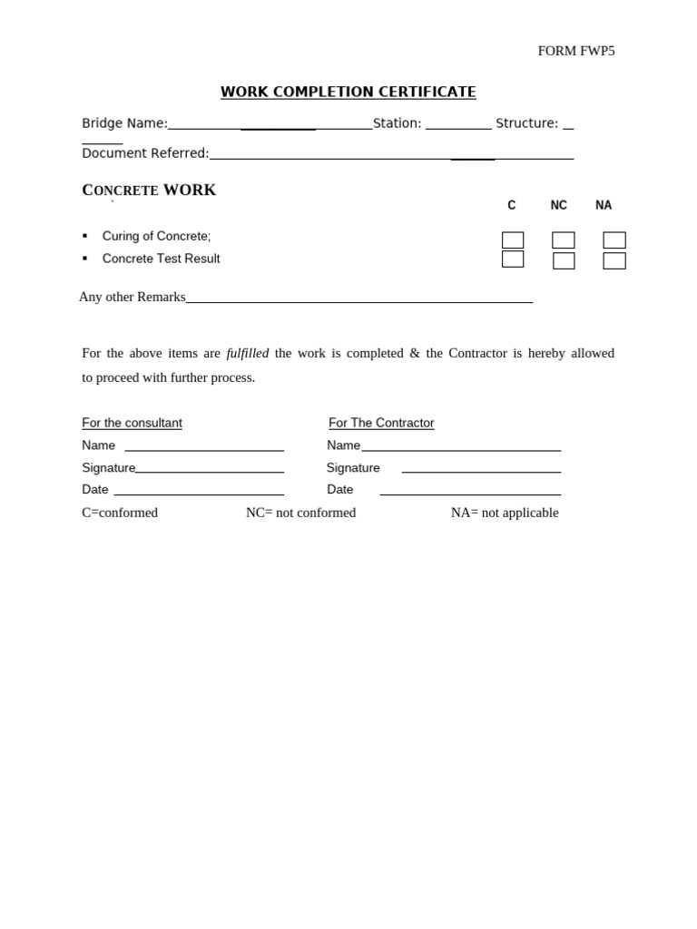 Work Completion Certificate for Bridge | PDF
