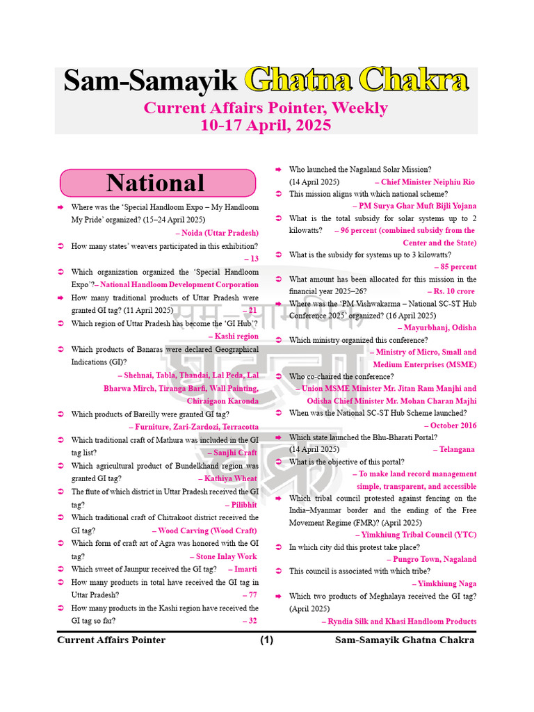 Current Affairs Pointer, Weekly 10 April To 17 April, 2025 | PDF