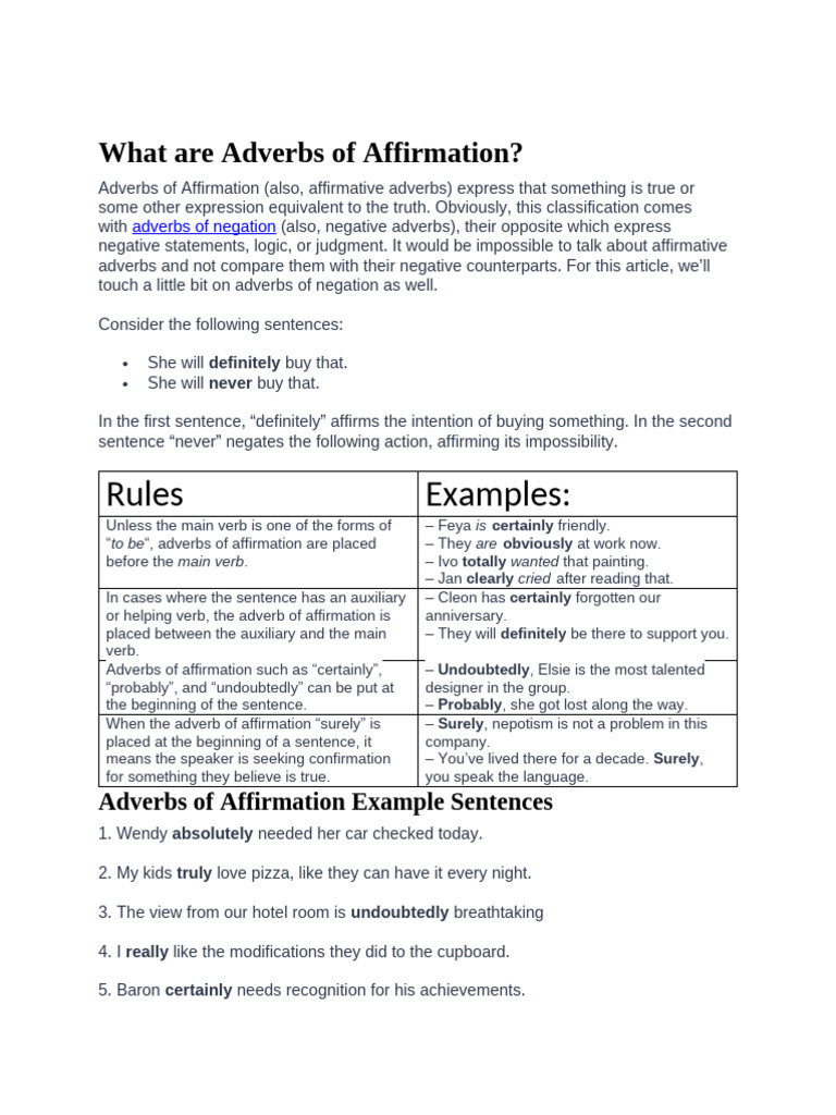 Adverbs of Affirmation and Negation | PDF | Grammar