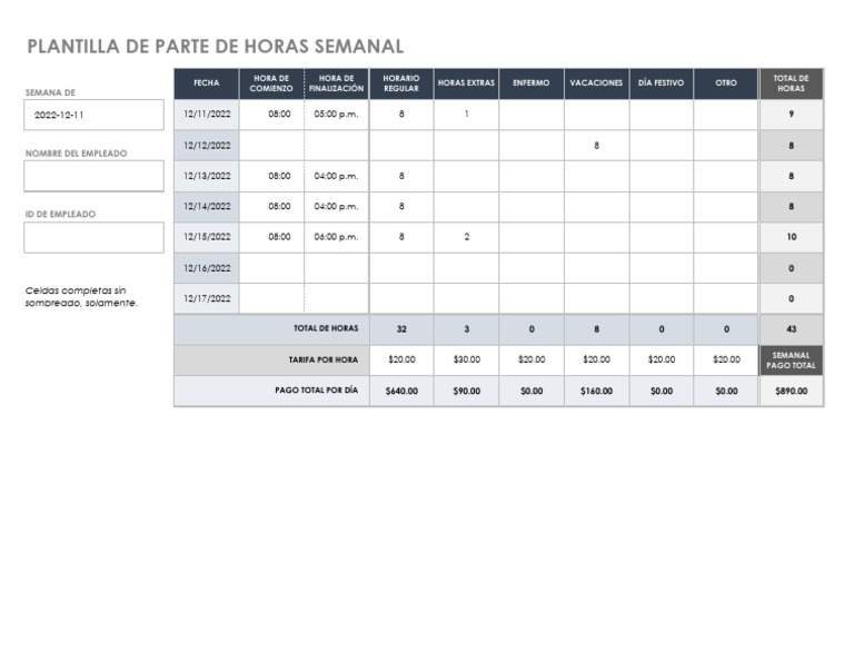 Plantilla de Horas de Trabajo Semanal | PDF