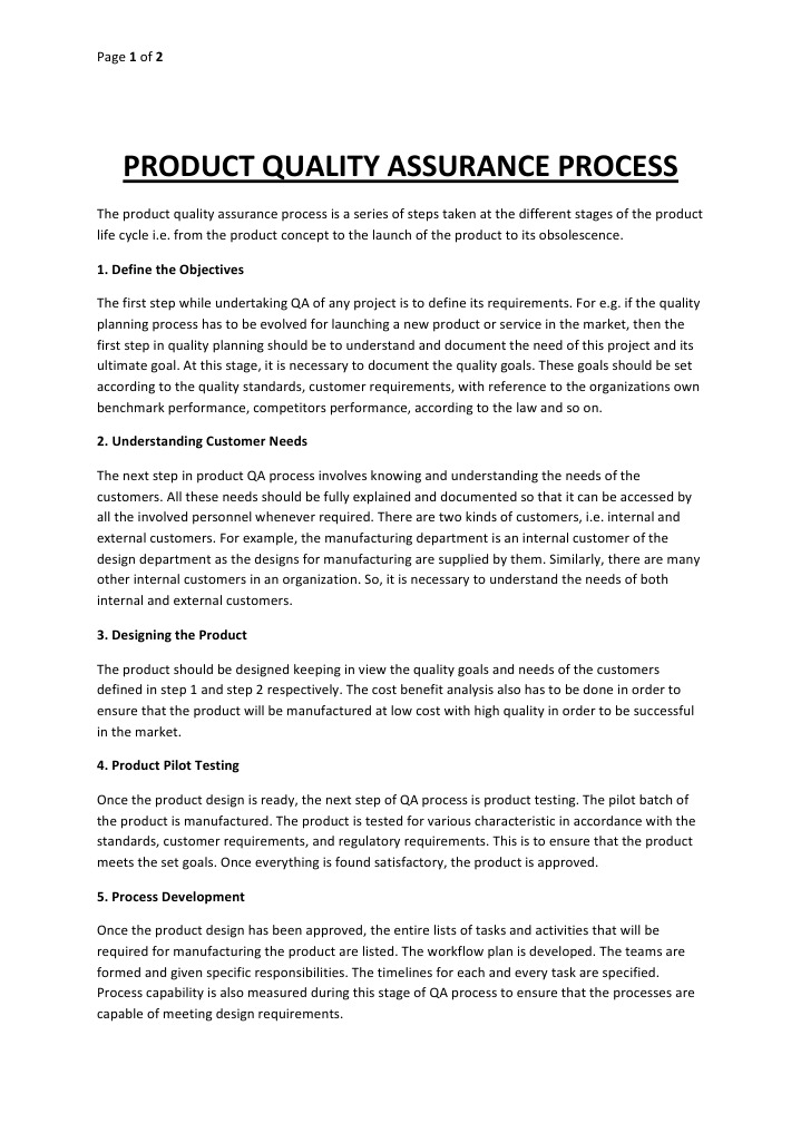 Product Quality Assurance Process: 1. Define The Objectives | PDF ...