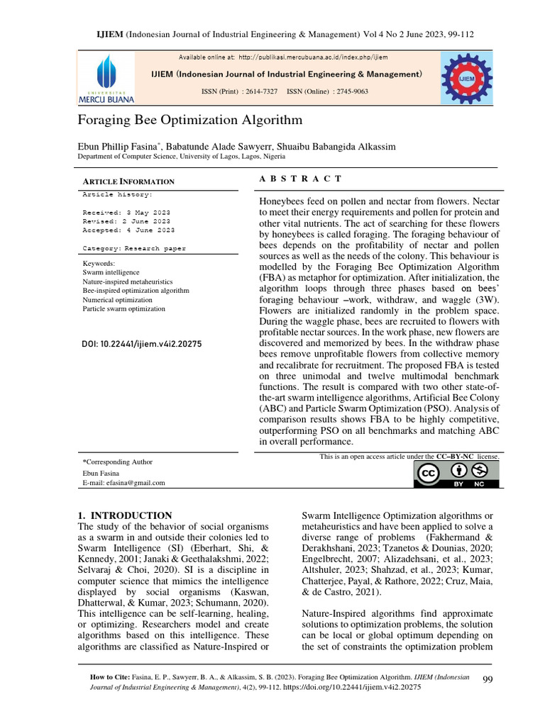 Foraging Bee Optimization Algorithm | PDF | Foraging | Metaheuristic
