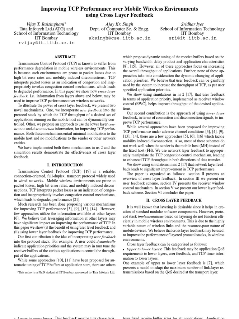 Improving Tcp Performance Over Mobile Wireless Environments Using Cross Layer Feedback Pdf