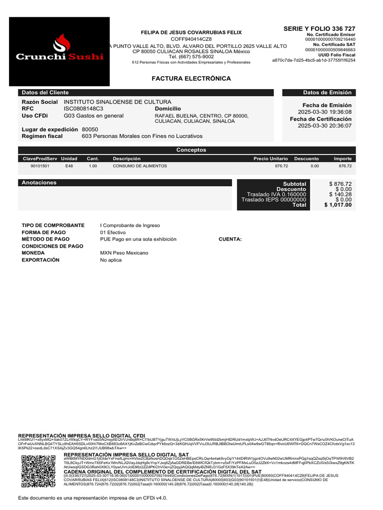 Serie Y Folio 336 727: Datos Del Cliente Datos de Emisión Datos Del ...