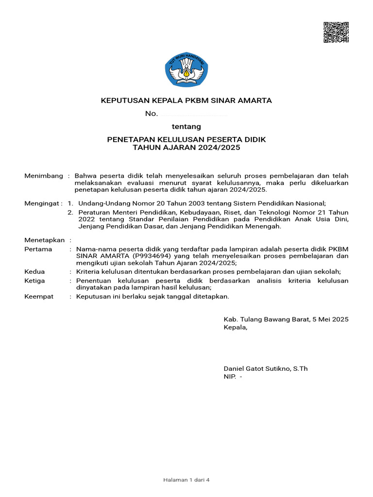 SK Penetapan Kelulusan | PDF