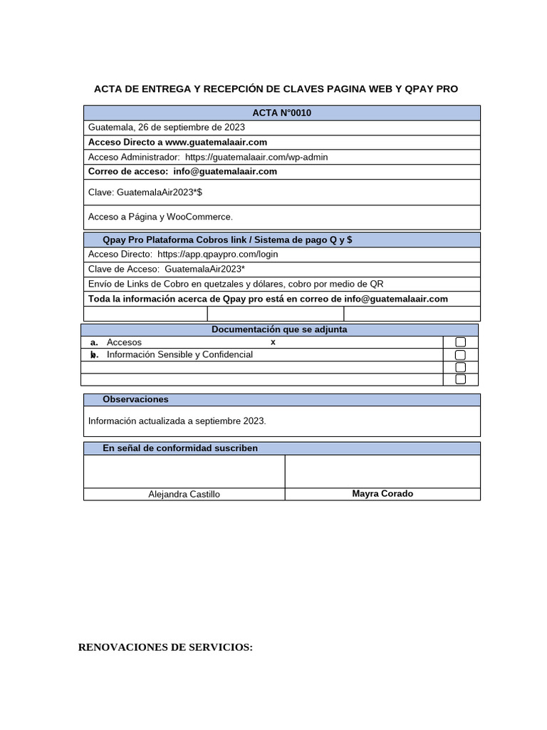 Acta de Entrega y Recepción de Claves | PDF