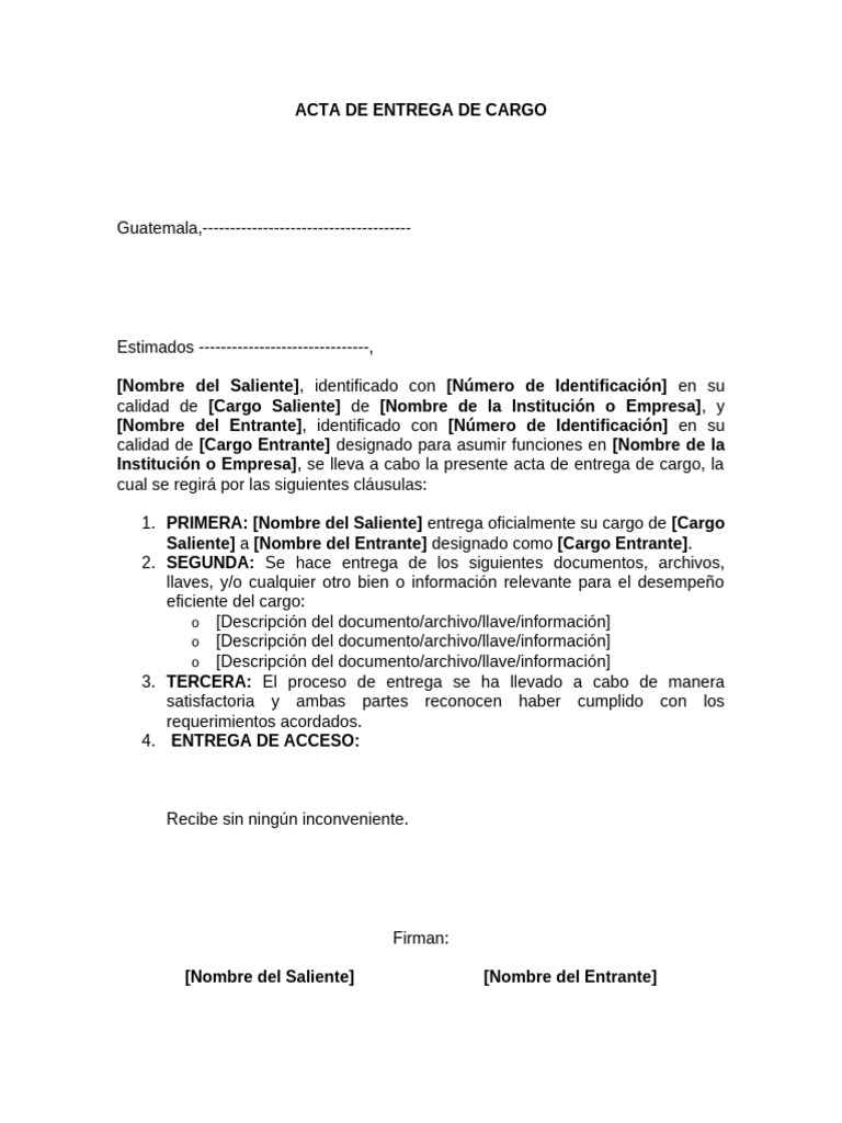 Acta de Entrega de Cargo Modelo | PDF