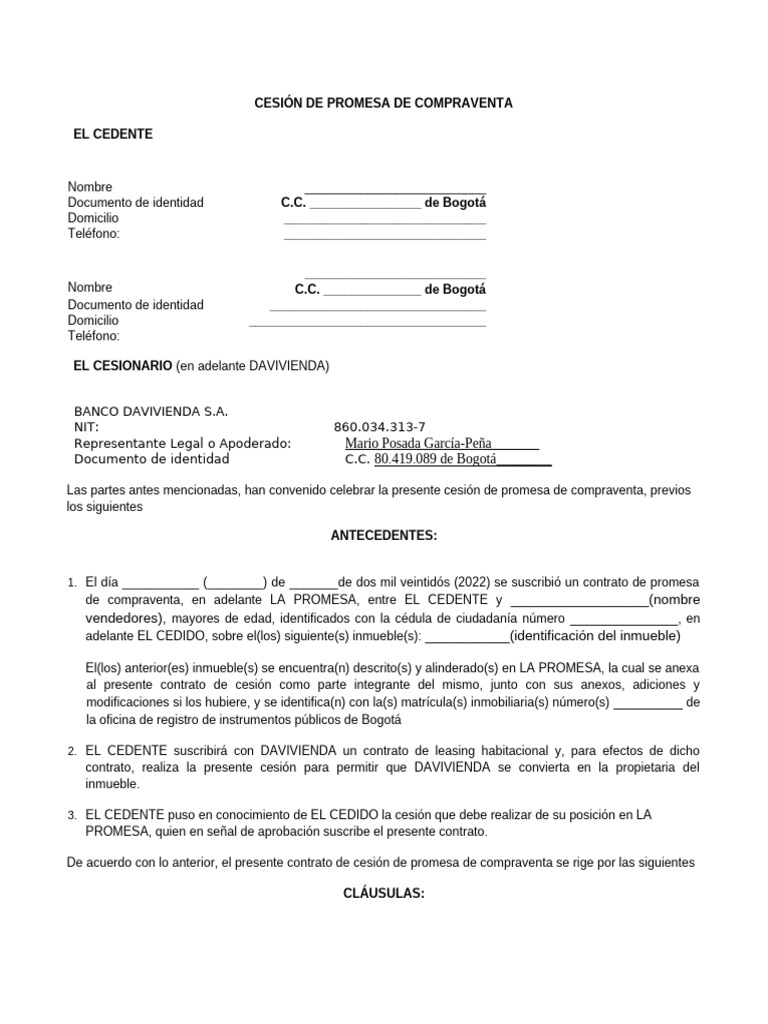 NUEVO Formato Cesión de Promesa de Compraventa PDF | PDF
