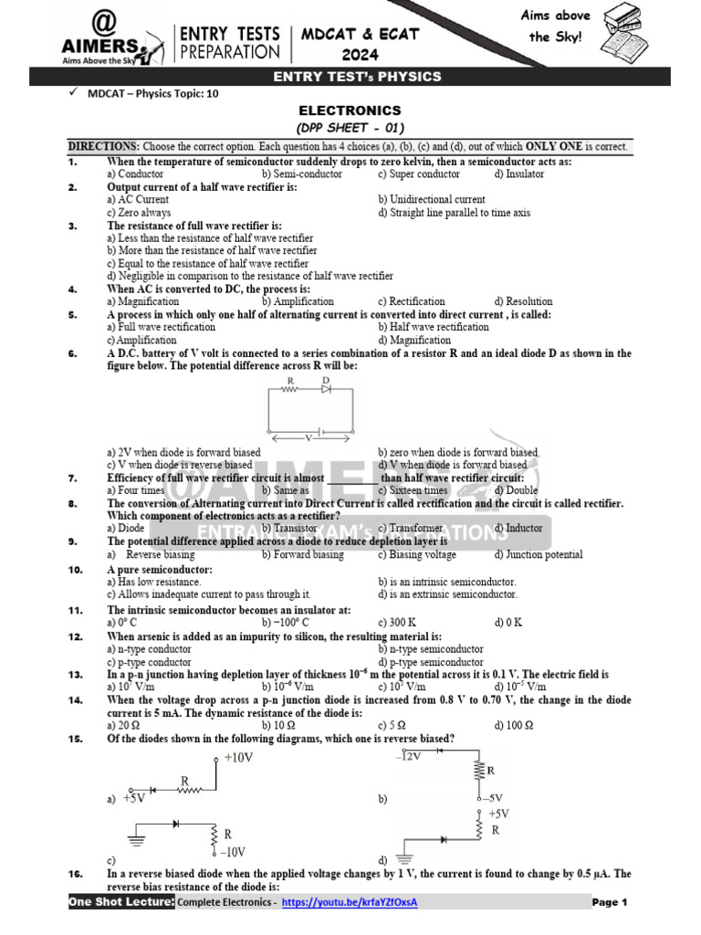 Unit 10 - Electronics (Practice Sheet) | PDF | P–N Junction | Rectifier