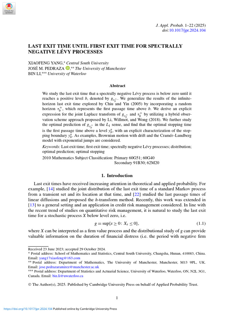 Jose - Last Exit Time Until First Exit Time For Spectrally Negative ...