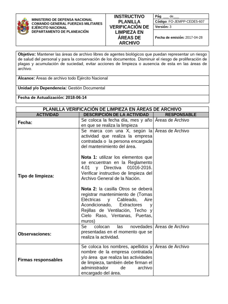 Instructivo Formato Verificacion - y - Limpieza | PDF