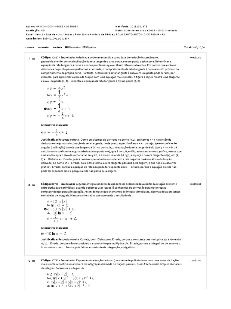 Prova A2 Calculo Diferencial e Integral I | PDF | Derivado | Integrante
