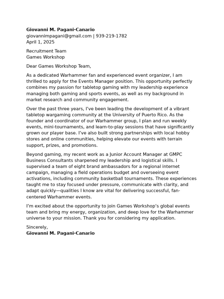 Giovanni M Pagani Cover Letter | PDF