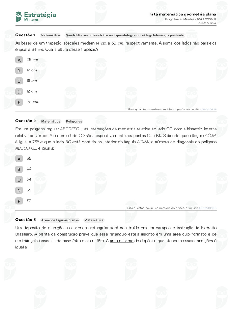 Lista Mat Geometria Plana | PDF | Triângulo | Círculo