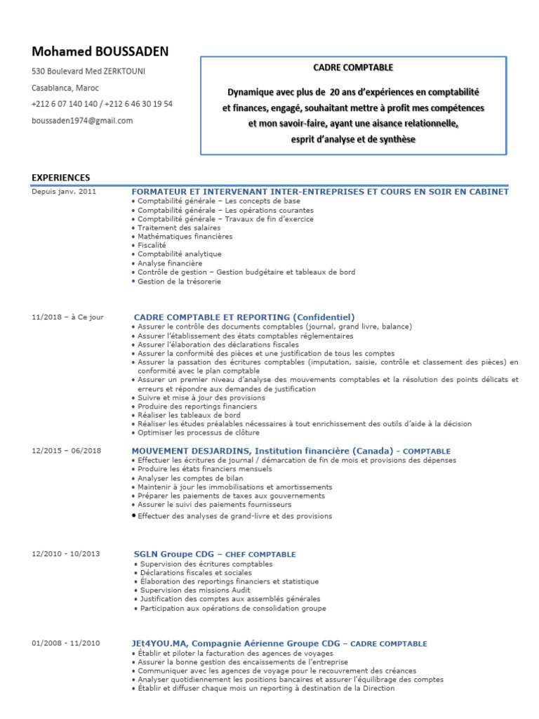 Cadre Comptable Senior avec 20 ans d'expérience | PDF | Comptabilité ...