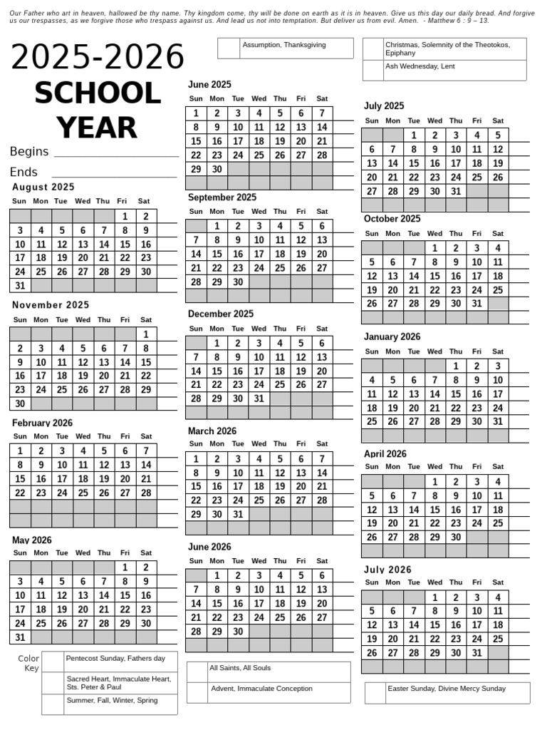 One Page 2025-2026 School Year Catholic Calendar - Portrait Page ...