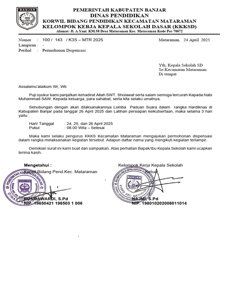 Surat Dispensasi Padus Mataraman 2025 PDF | PDF