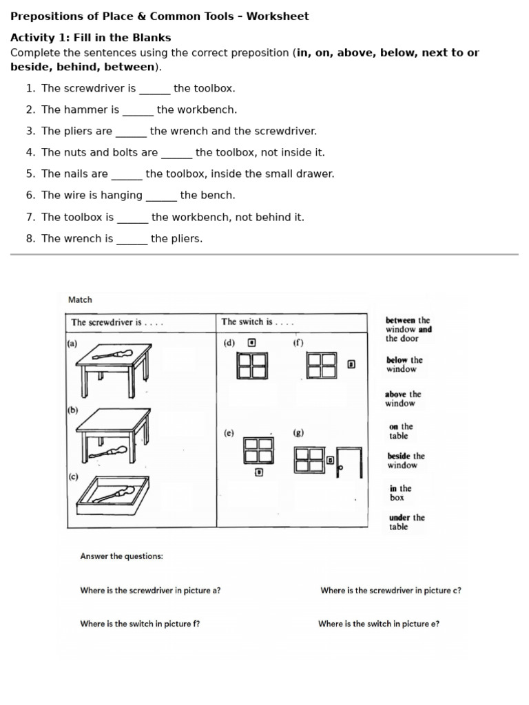 Actividades Sobre Herramientas y Preposiciones de Lugar | PDF | Screw ...