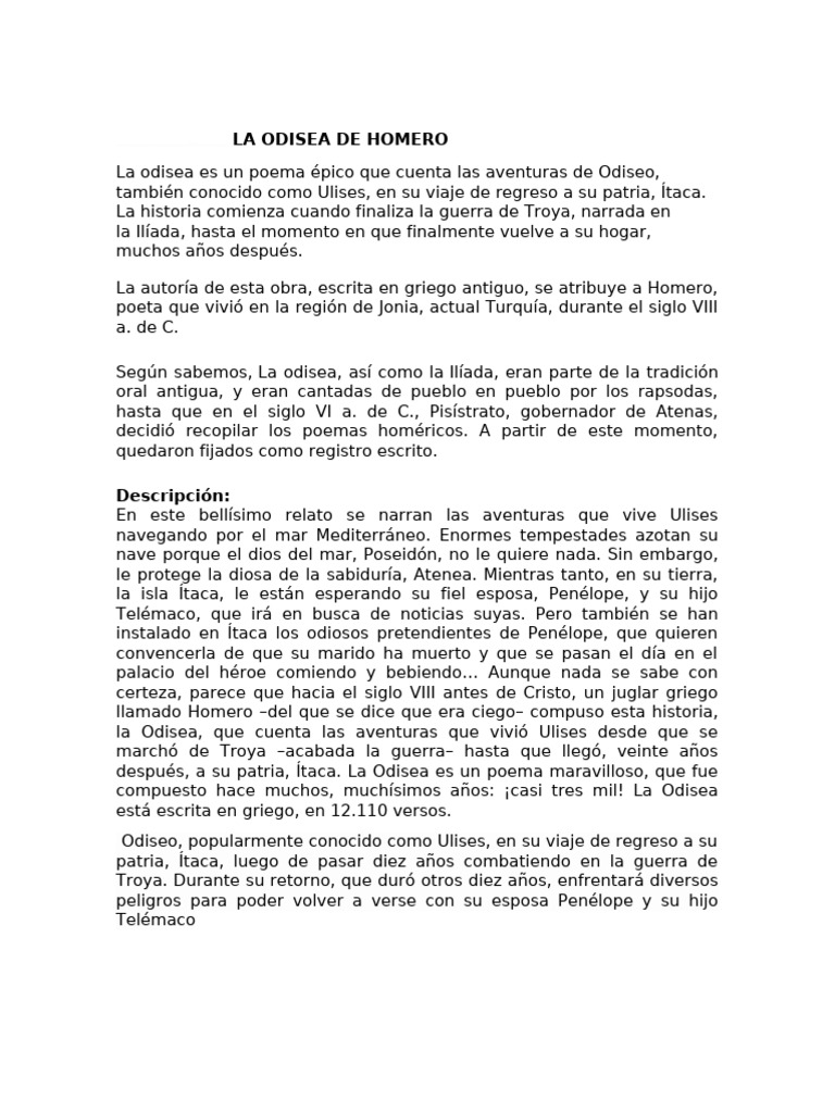 La Odisea: Viaje de Ulises a Ítaca | PDF | Odisea | Odiseo