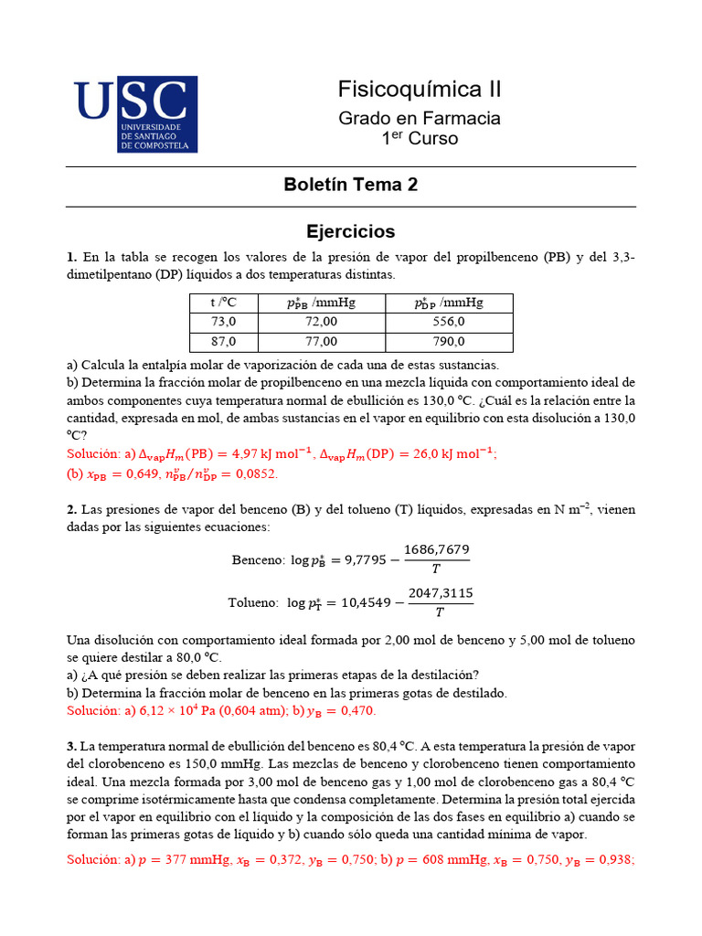 Soluciones Ejercicios Tema 2 | PDF | Vapor | Destilación