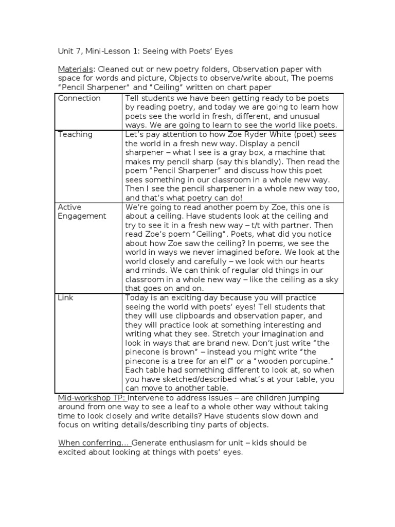 Lucy Calkins Writing Lesson Unit 6 | PDF | Poetry | Classroom