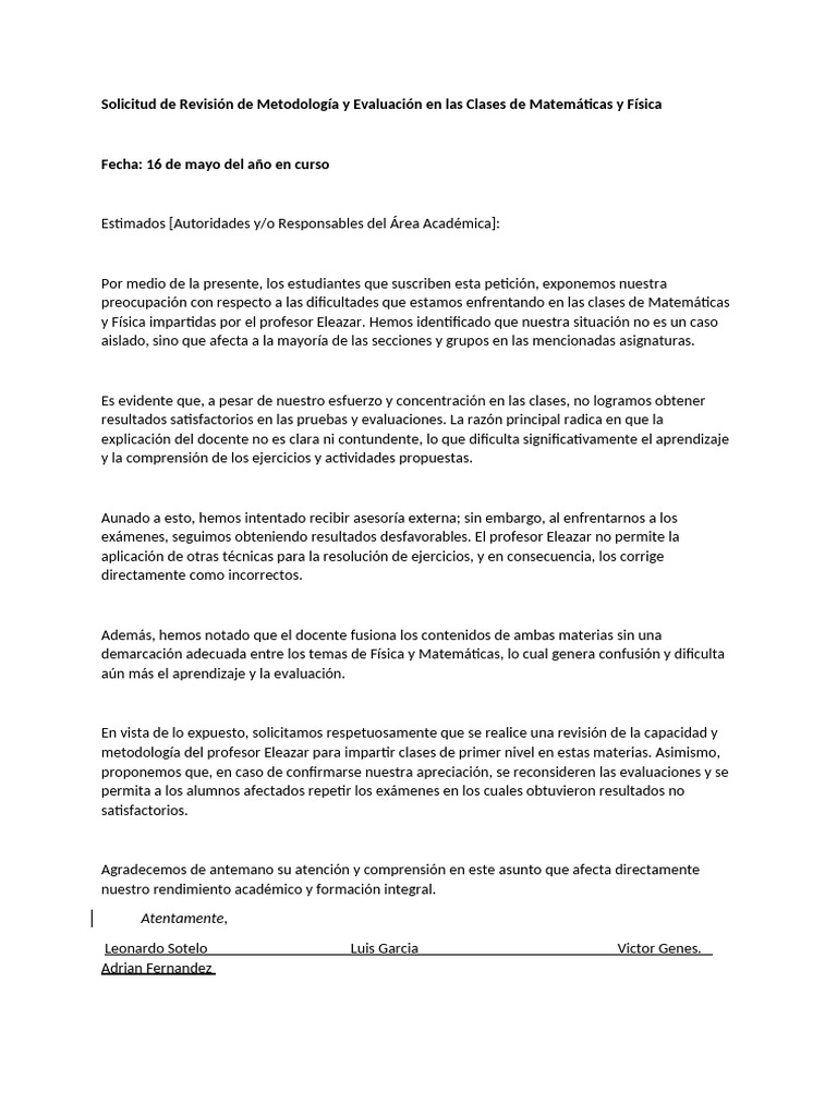 Peticion Profesor Eleazar | PDF