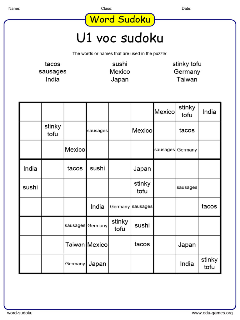 country &food Word Sudoku | PDF | Foods | Cuisine