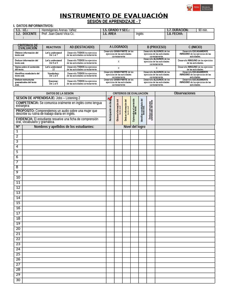 Sesion #7 - Instrumento de Evaluación 2023 - Ciclo Vi - Unit 4 | PDF | Aprendizaje | Lingüística