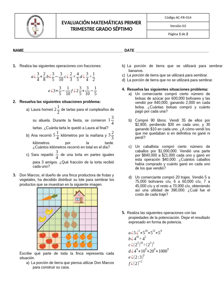 Evaluación Matemáticas 7mo Grado 2025 | PDF | Matemáticas | Aritmética