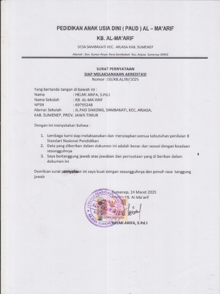 SURAT PERNYATAAN SIAP AKREDITASI PAUD ALMA'ARIF | PDF