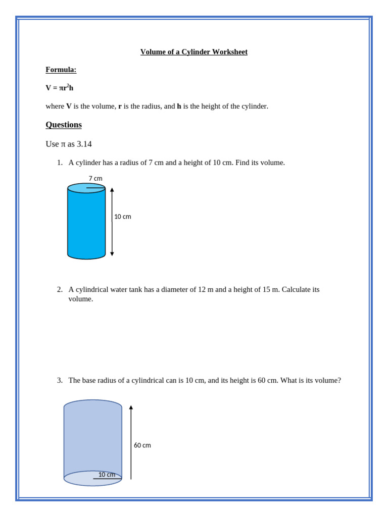 Volume of a Cylinder Worksheet | PDF