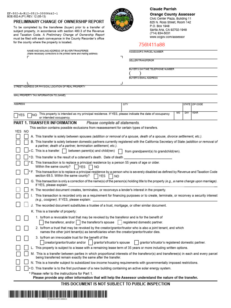 Preliminary Change of Ownership Report: Please Complete All Statements ...