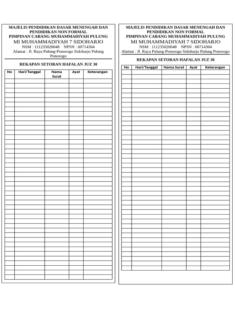 kartu setoran hafalan | PDF