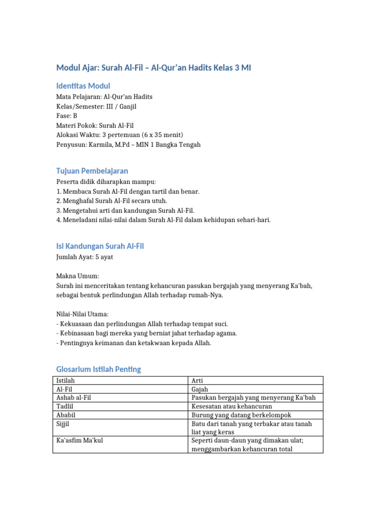 Modul Ajar Surah Al-Fil Kelas 3 MI | PDF