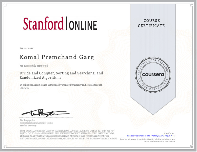 Standford Divide & Conquer Course Certification | PDF