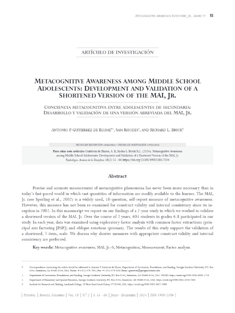 2024 de Blume Vista de Metacognitive Awareness Among Middle School Adolescents - Development and ...