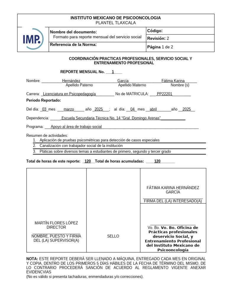 B SS-005 Reporte Mensual 1 V 23 SERVICIO SOCIAL | PDF