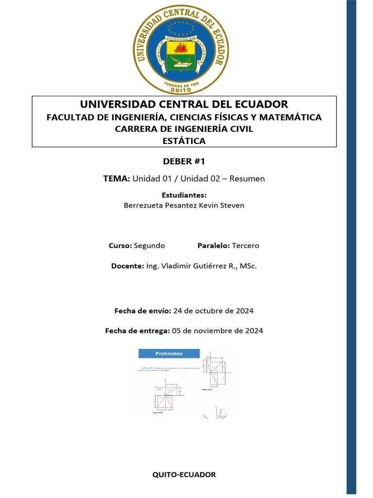 Deber 1.resumen Unidad 1 y 2 - Kevin Berrezueta, Estática | PDF