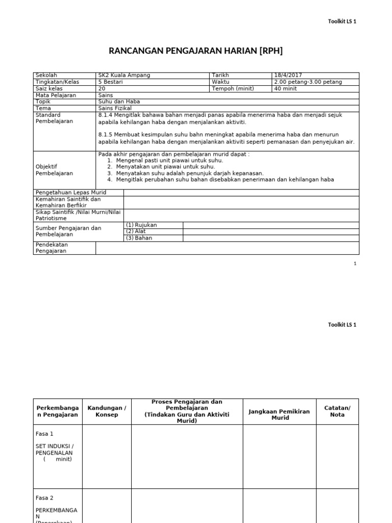 Tool Kit LS 1 Template RPH | PDF