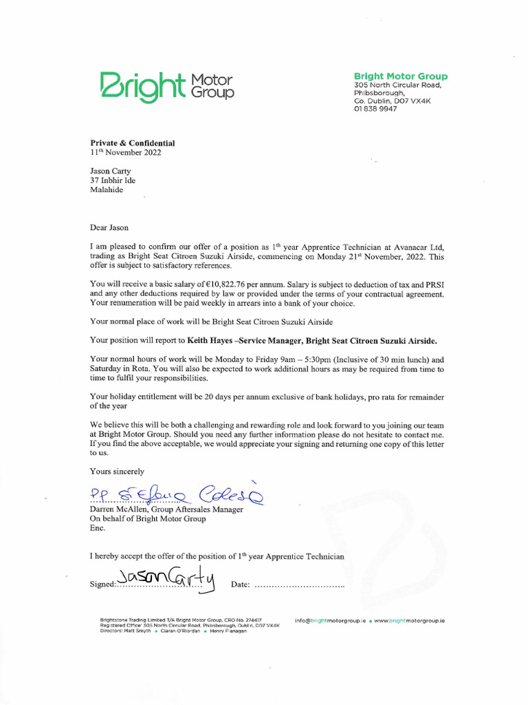 Jason Carty Offer Letter | PDF